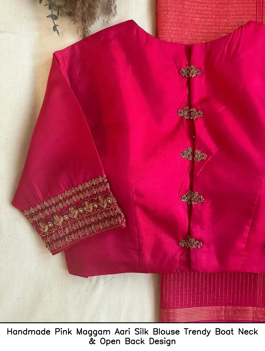 Handmade Pink Maggam Aari Silk Blouse – Trendy Boat Neck & Open Back Design
